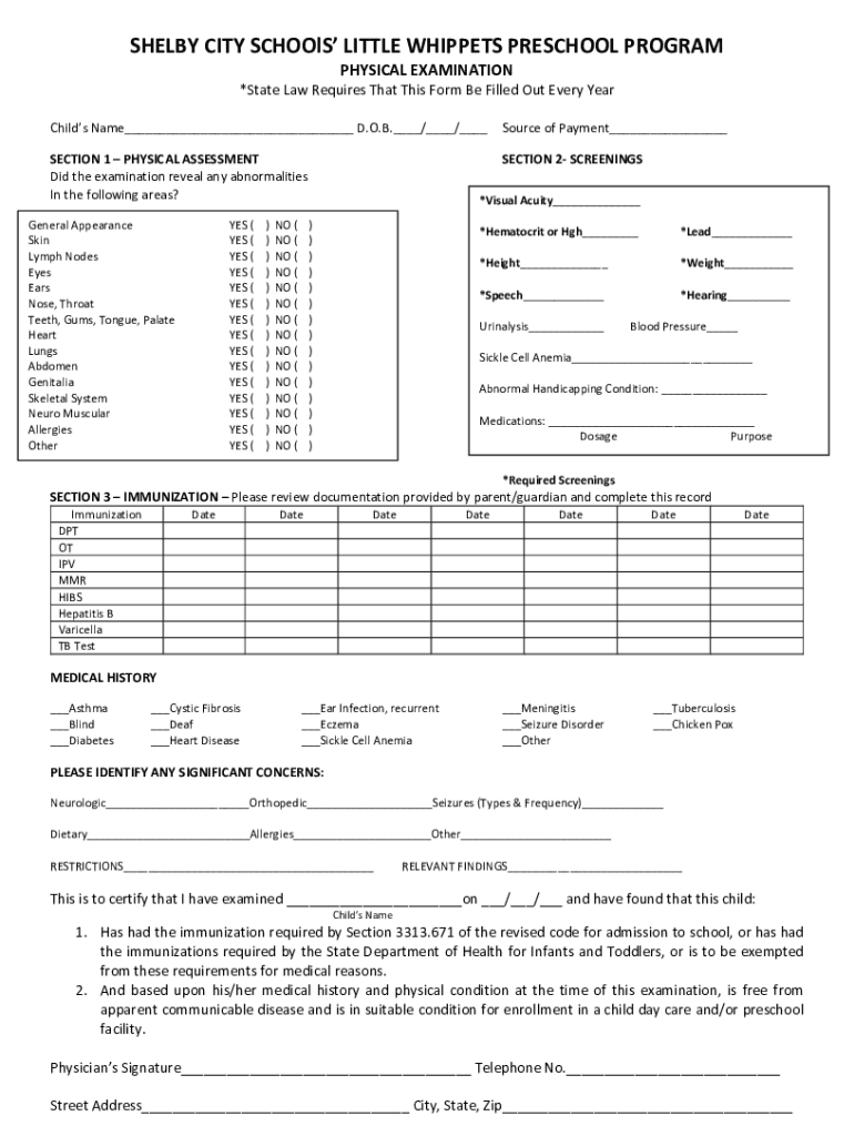 Fillable Online Physical Examination Form Preschool Fax Email Print ...
