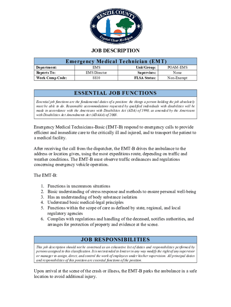 Fillable Online EMT Job Description Sample Template Fax Email Print ...