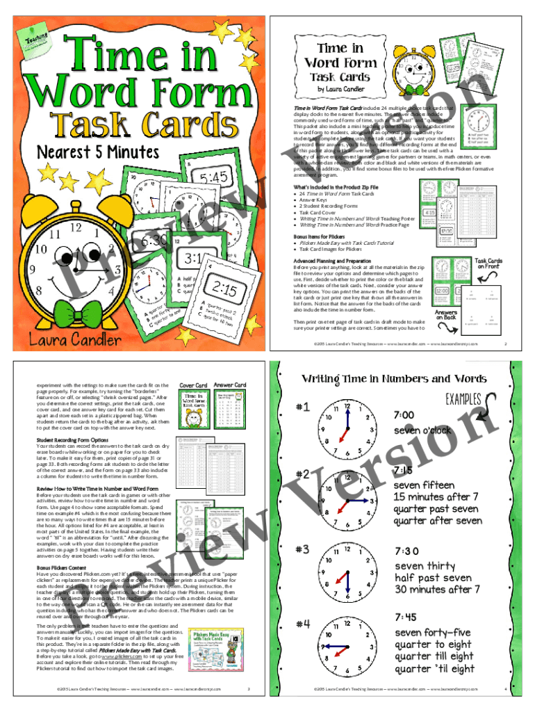Fillable Online Time in Word Form Task Cards with Images for Plickers ...