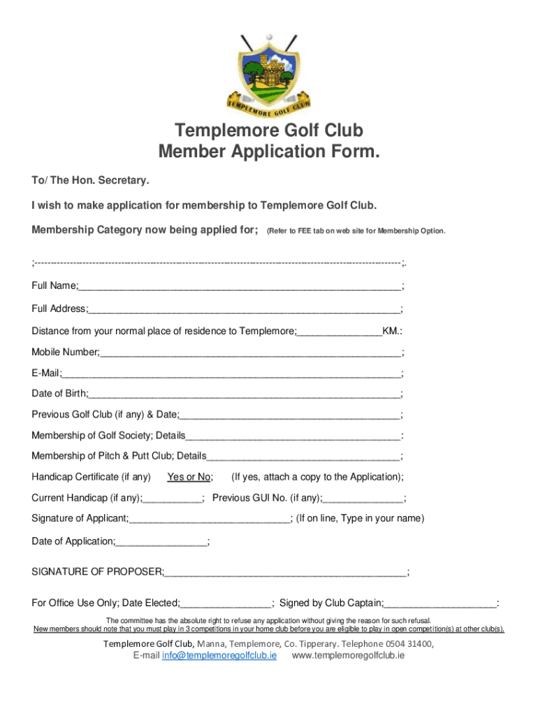 Fillable Online Templemore Golf Club Member Application Form. Fax Email ...