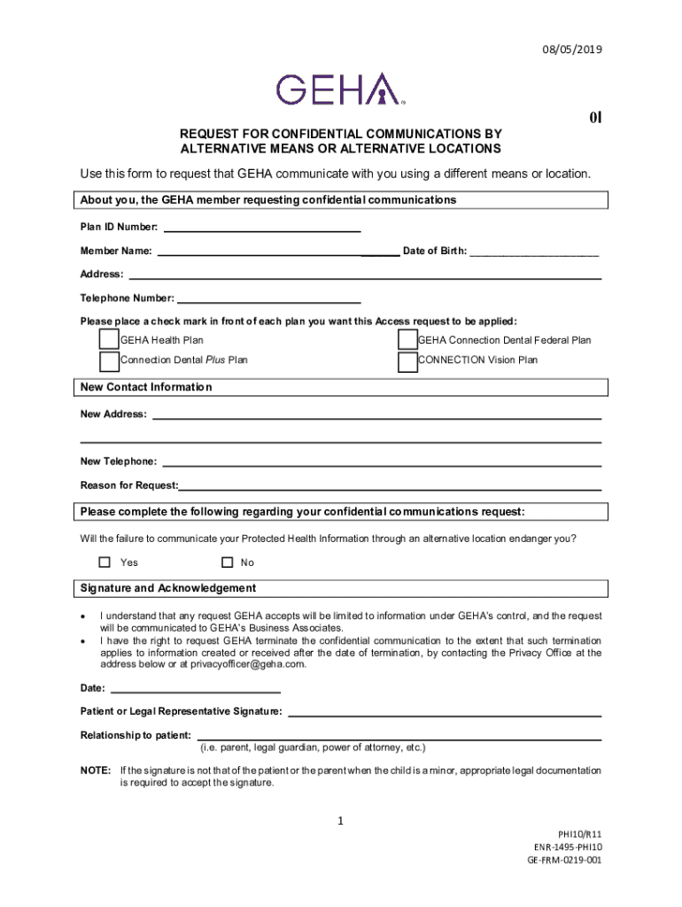 Fillable Online GEHA Request for Confidential Communications by ...
