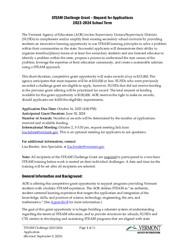 Fillable Online education vermont STEAM Challenge Grant Request for Applications SY2023-24 Fax ...