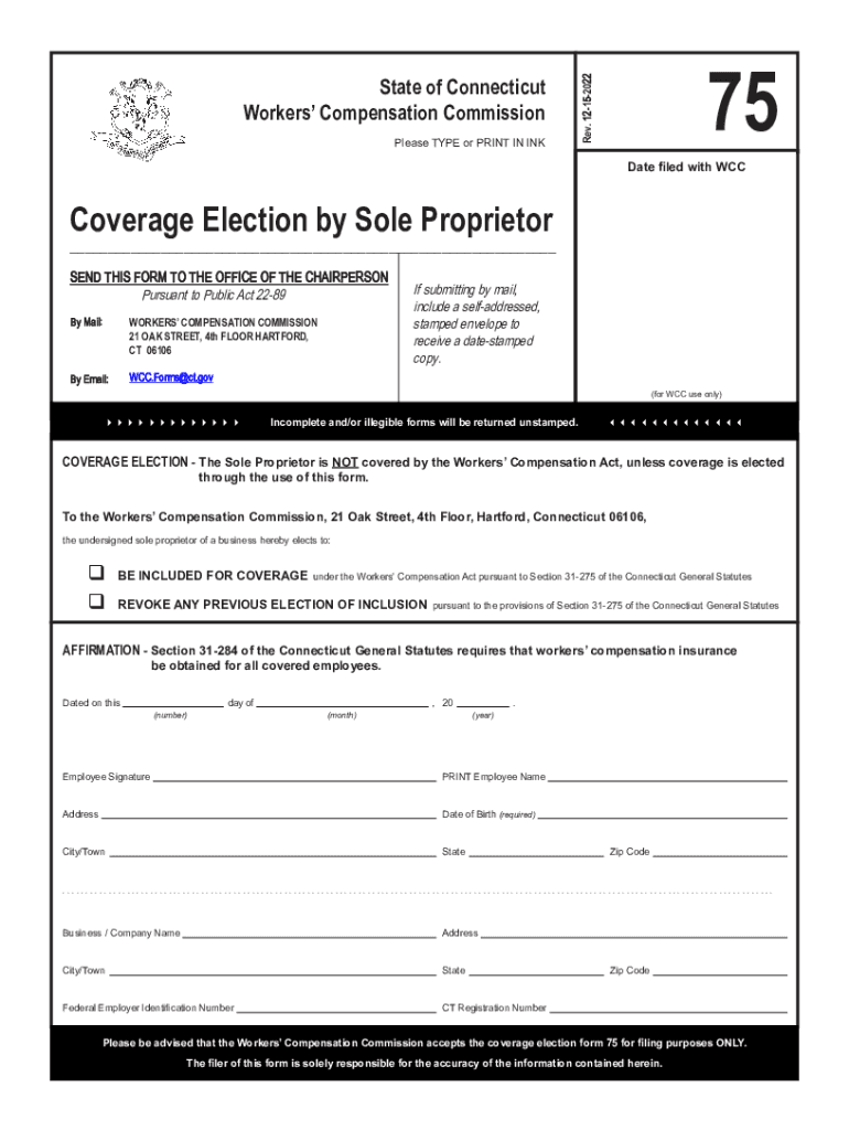 Fillable Online FORM: 75 Coverage Election by Sole Proprietor or Single ...