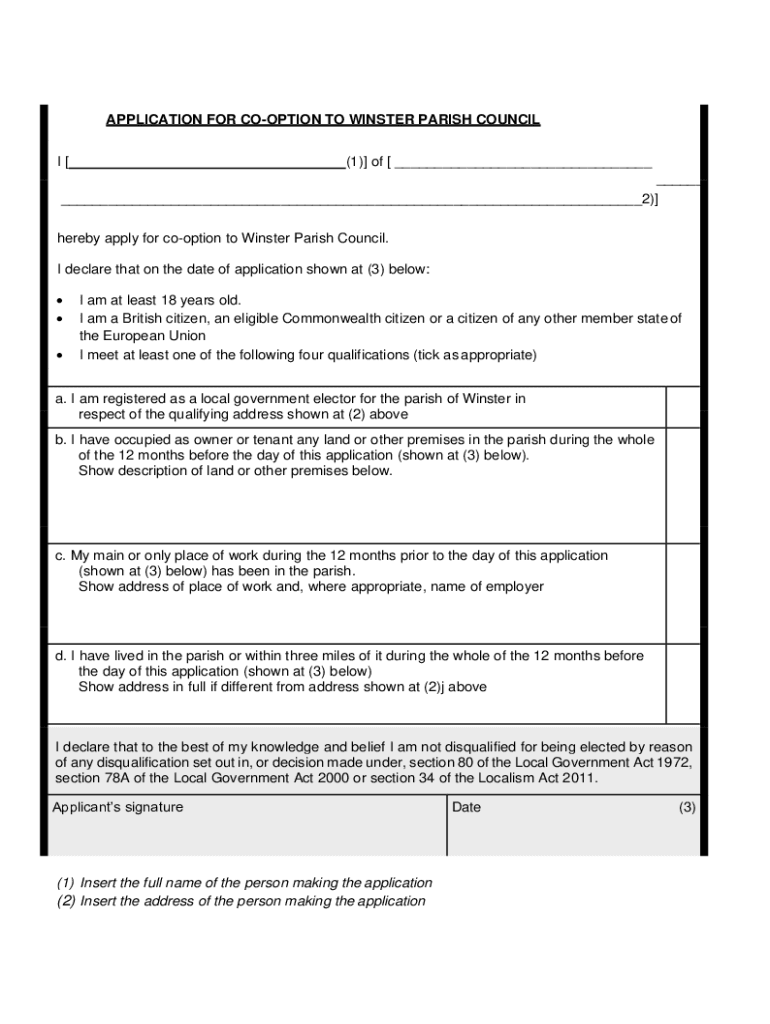 Fillable Online Winster Parish Council Co-option Eligibility Form Fax ...