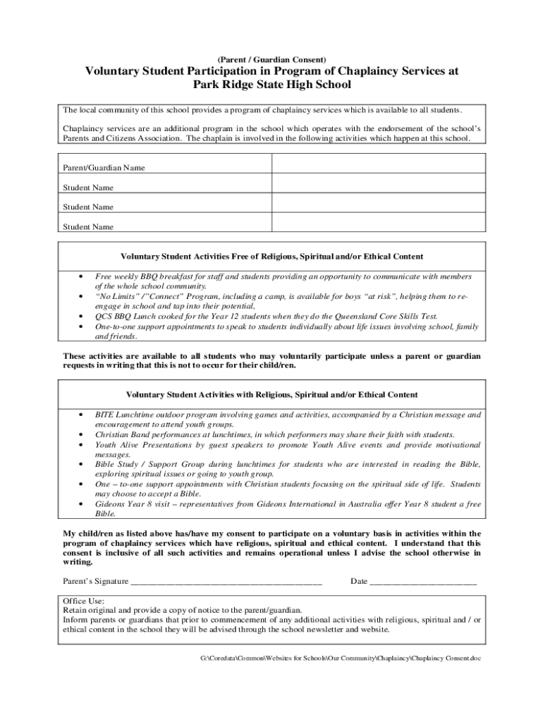 Fillable Online parkridgeshs eq edu Parental/guardian consent for ...