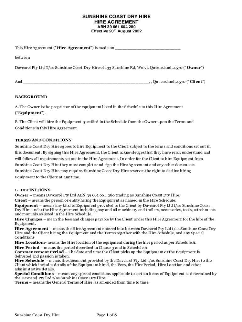 Fillable Online Equipment Hire Agreement - Free TemplateSample Fax ...