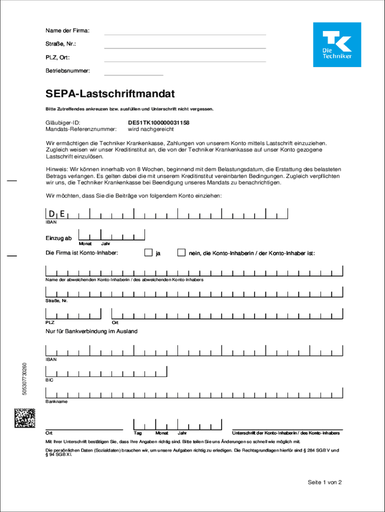 2023-2025 Formular DE Techniker Krankenkasse SEPA-Lastschriftmandat ...