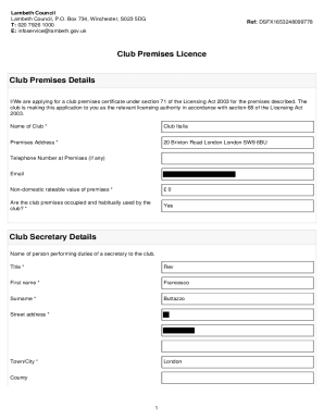 Fillable Online Club Premises Licence Club Premises Details Fax Email ...