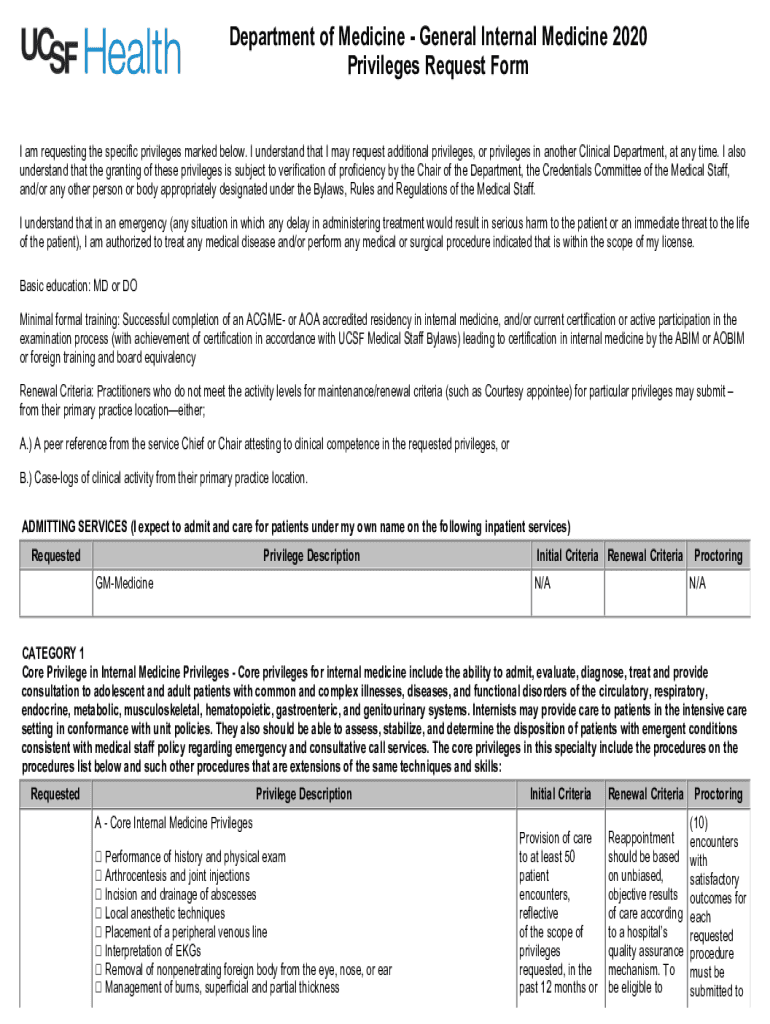 Fillable Online General Internal Medicine 2020 Privileges Request Form ...