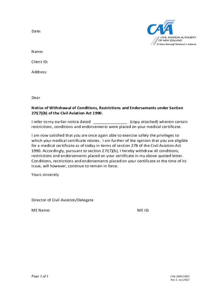 Fillable Online Restriction of certificate form 24067-402 - CAA Fax ...