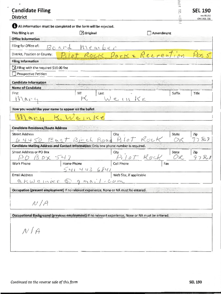 Fillable Online co umatilla or SEL 190 Filing for Office of - Umatilla ...