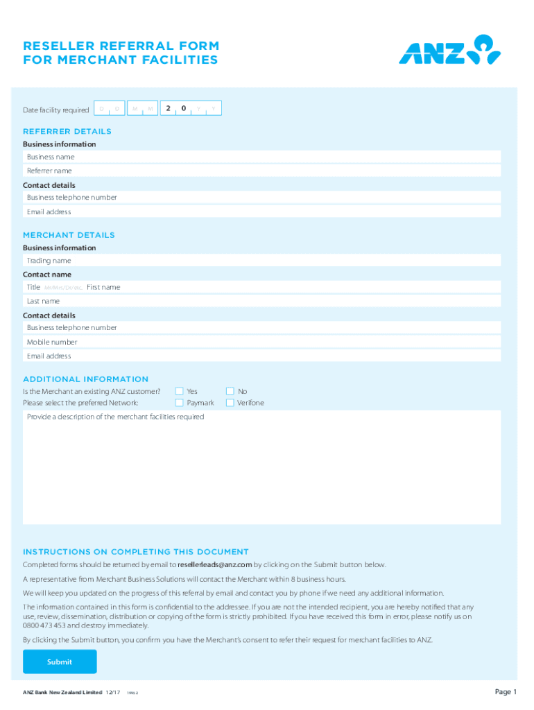 Fillable Online ANZ Reseller Referral Form for Merchant Facilities Fax ...