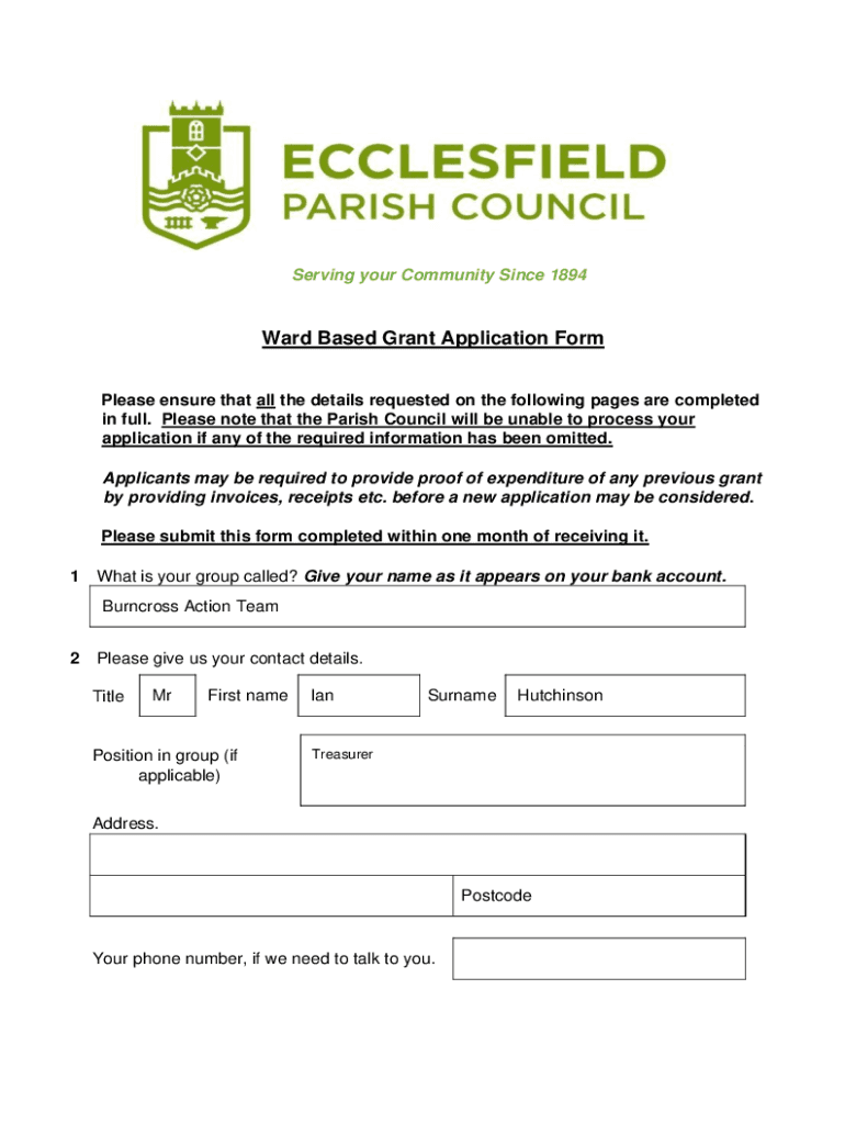 Fillable Online ecclesfield-pc gov Ward Based Grant Application Form ...