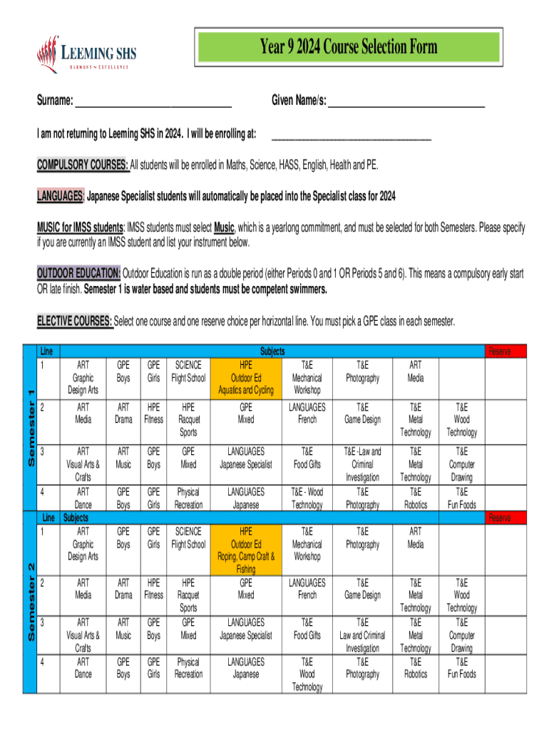 Fillable Online 2024 Year 9 Subject Selection Form (new students) Fax ...
