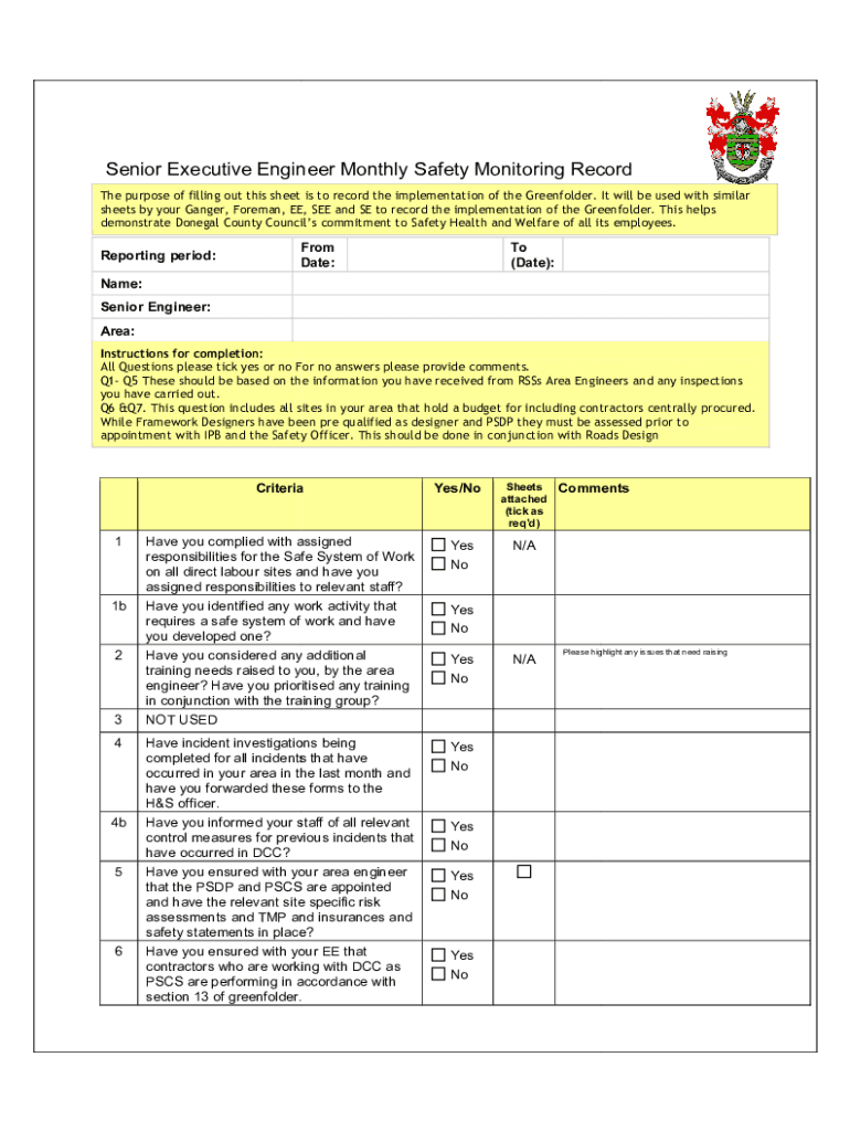 Fillable Online Monthly Safety Monitoring Record Design Services ...