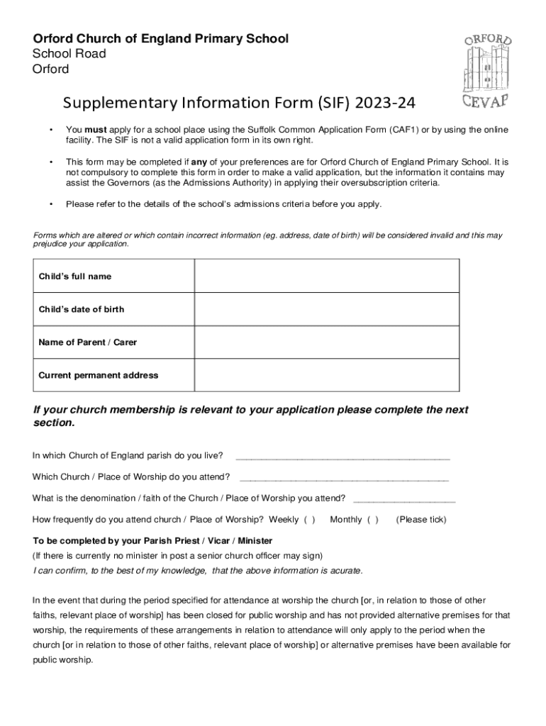 Fillable Online School admissions supplementary information forms Fax ...