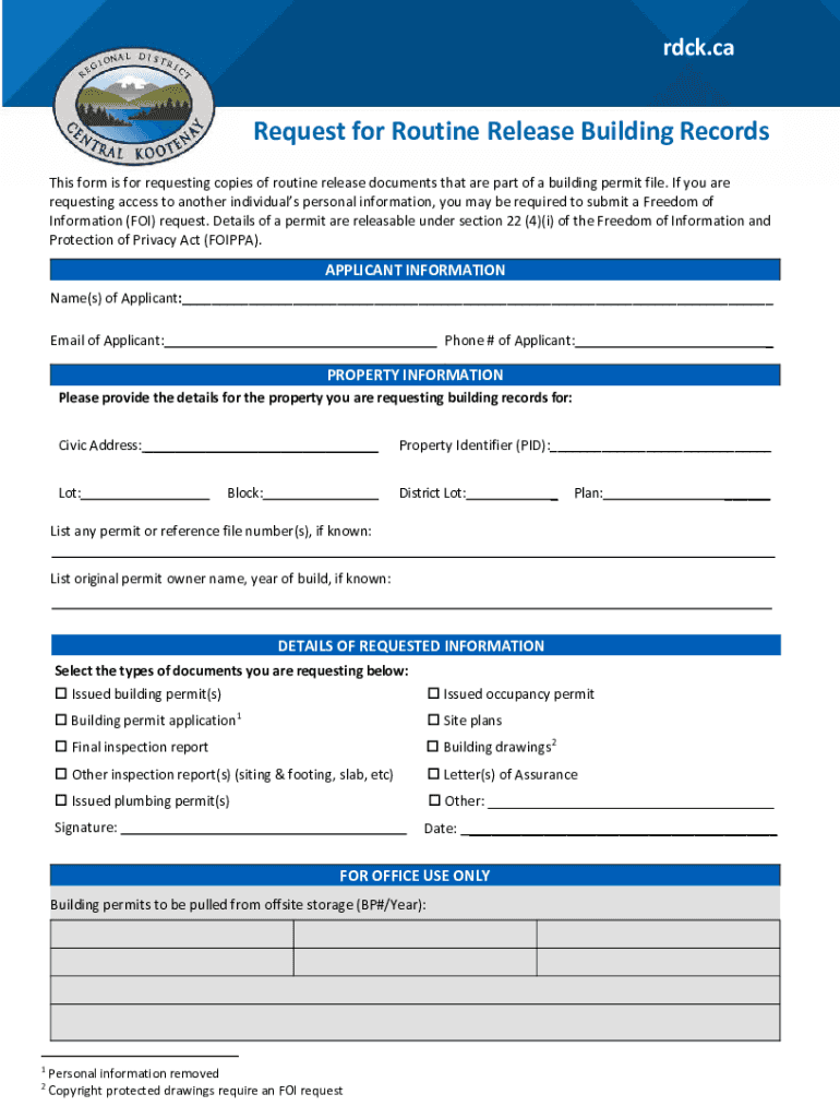 Fillable Online Request for Routine Release Building Records Fax Email ...