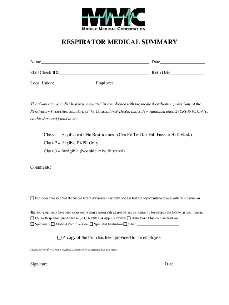 Fillable Online Respiratory and Asbestos Questionnaire for Occupational ...