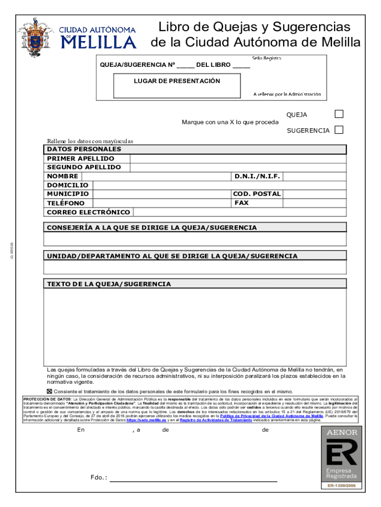 Completable En línea Libro de Quejas y Sugerencias de la Ciudad Autnoma ...