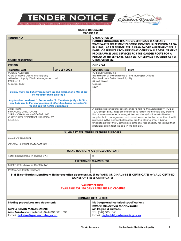 Fillable Online TENDER DOCUMENT CLOSED BID TENDER NO GRDM/01/23-24 ...