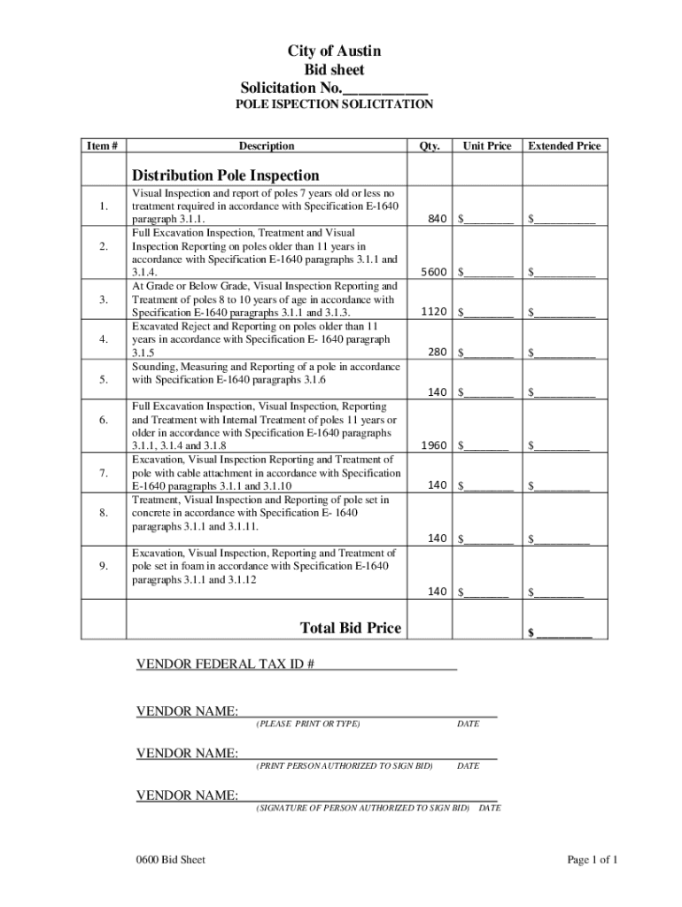 Fillable Online Distribution Pole Inspection Total Bid Price Fax Email Print - pdfFiller