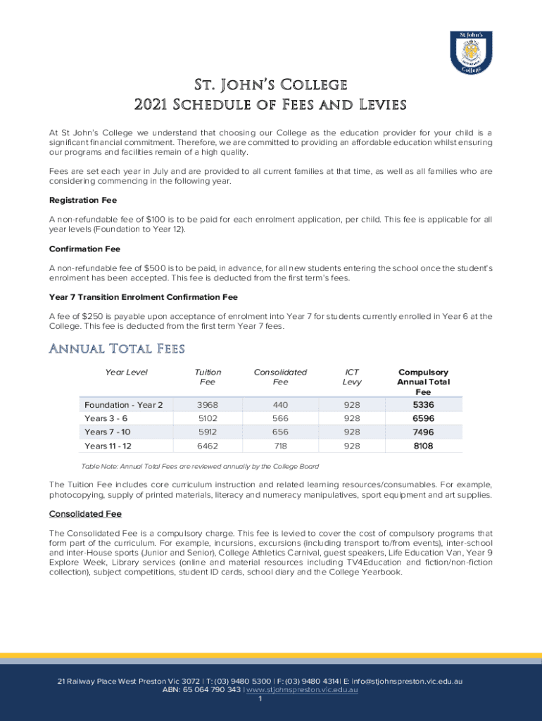 Fillable Online St. John's College 2021 Schedule of Fees and Levies Fax ...