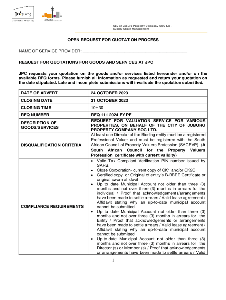 Fillable Online jhbproperty co RFQ 111 2024 FY PF Fax Email Print - pdfFiller