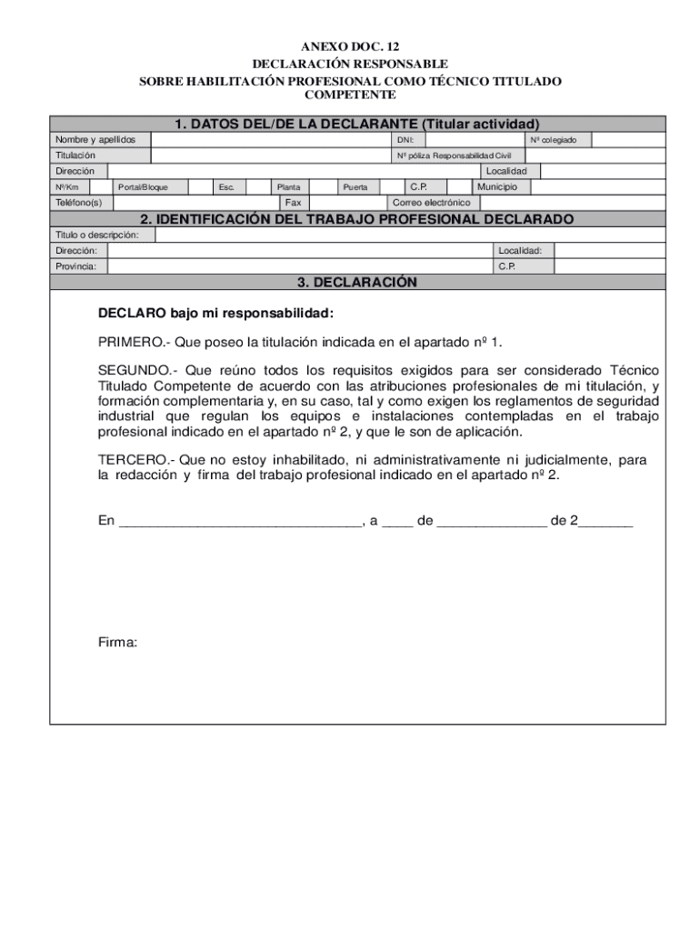 Completable En línea Modelo 1200 Declaracin responsable para el ...