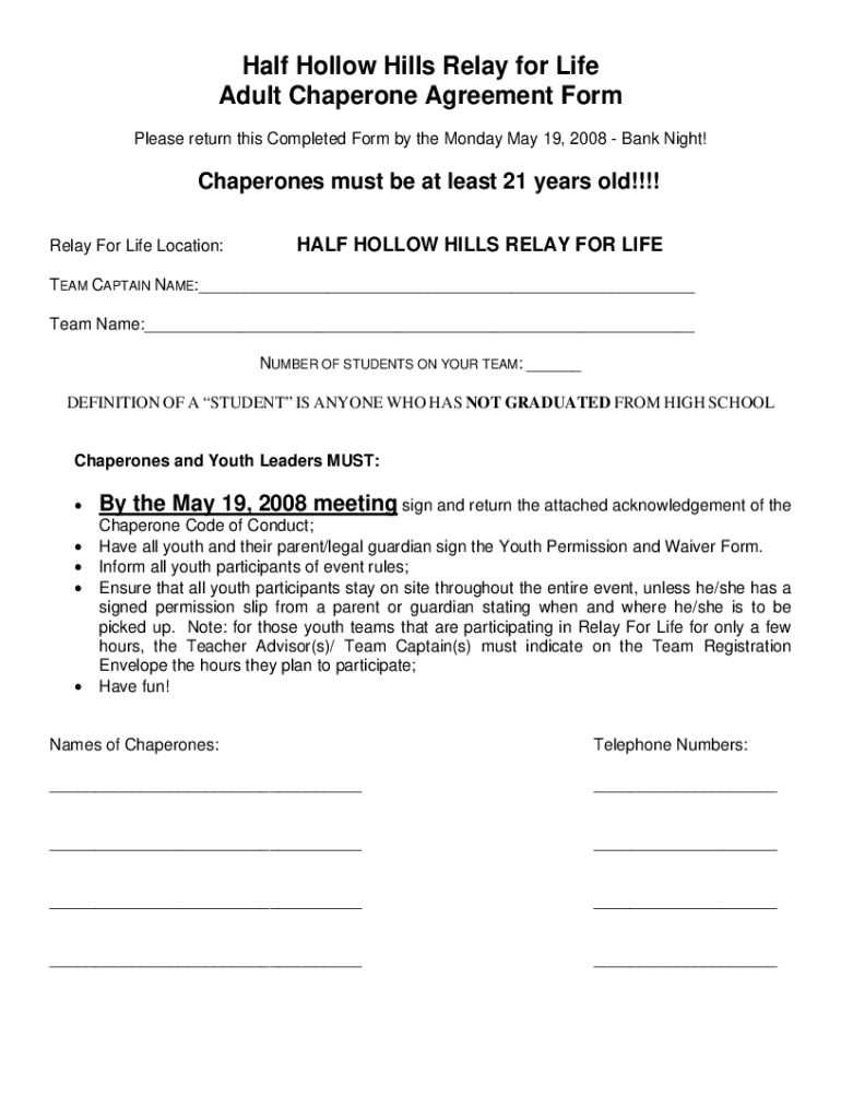Fillable Online Relay For Life Chaperone Agreement Form - ACSResources.org Fax Email Print ...