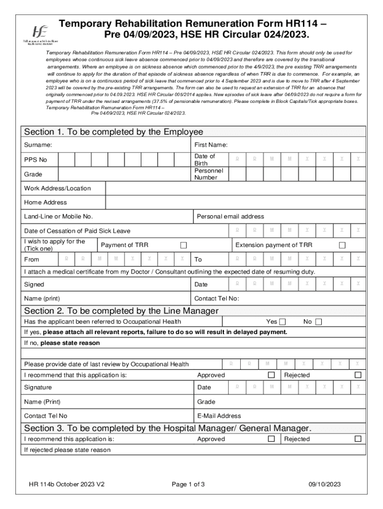 Fillable Online HR 114 Temporary Rehabiliation Remuneration Form Fax ...