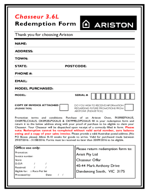 Fillable Online Chasseur 3.6L Redemption Form - Ariston Fax Email Print ...