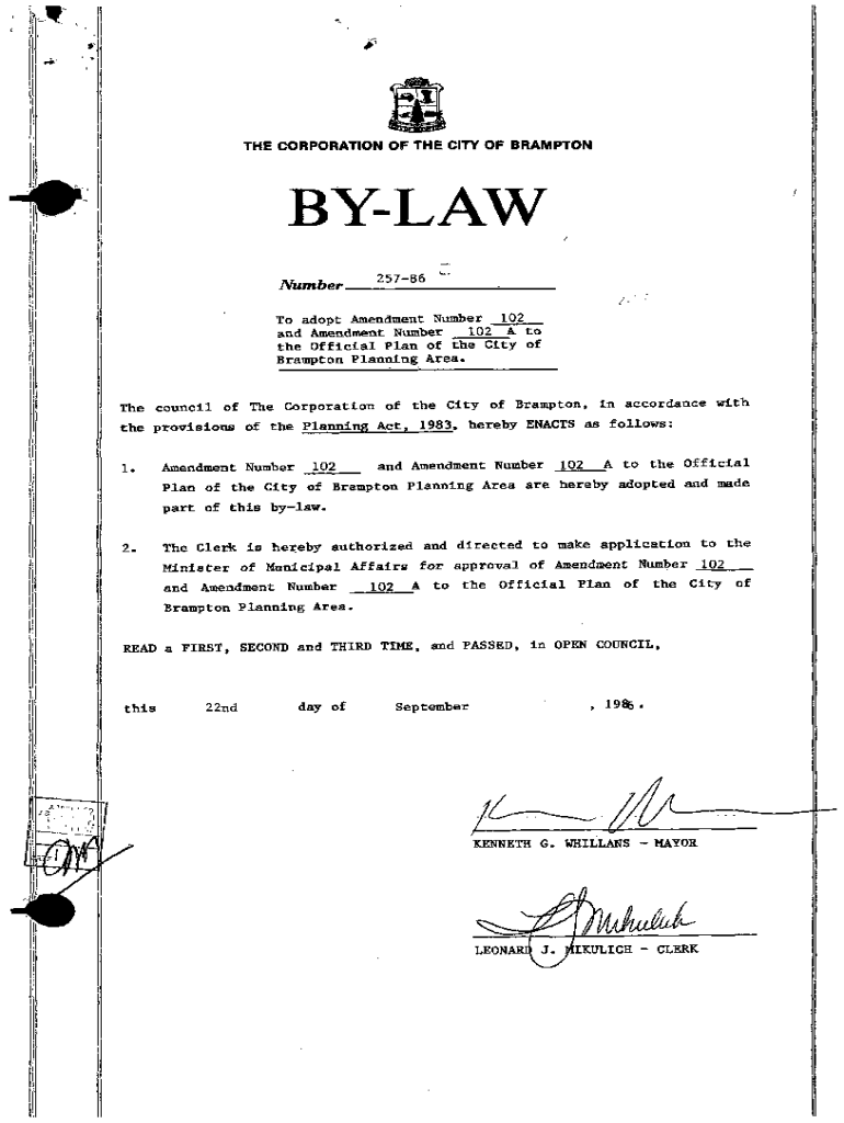 Fillable Online 257-86. Amendment 102 Official Plan land use ...