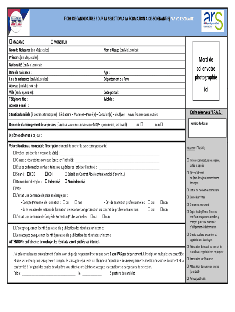Remplissable En Ligne fiche de candidature pour la selection a la formation aide- ... Fax Email ...