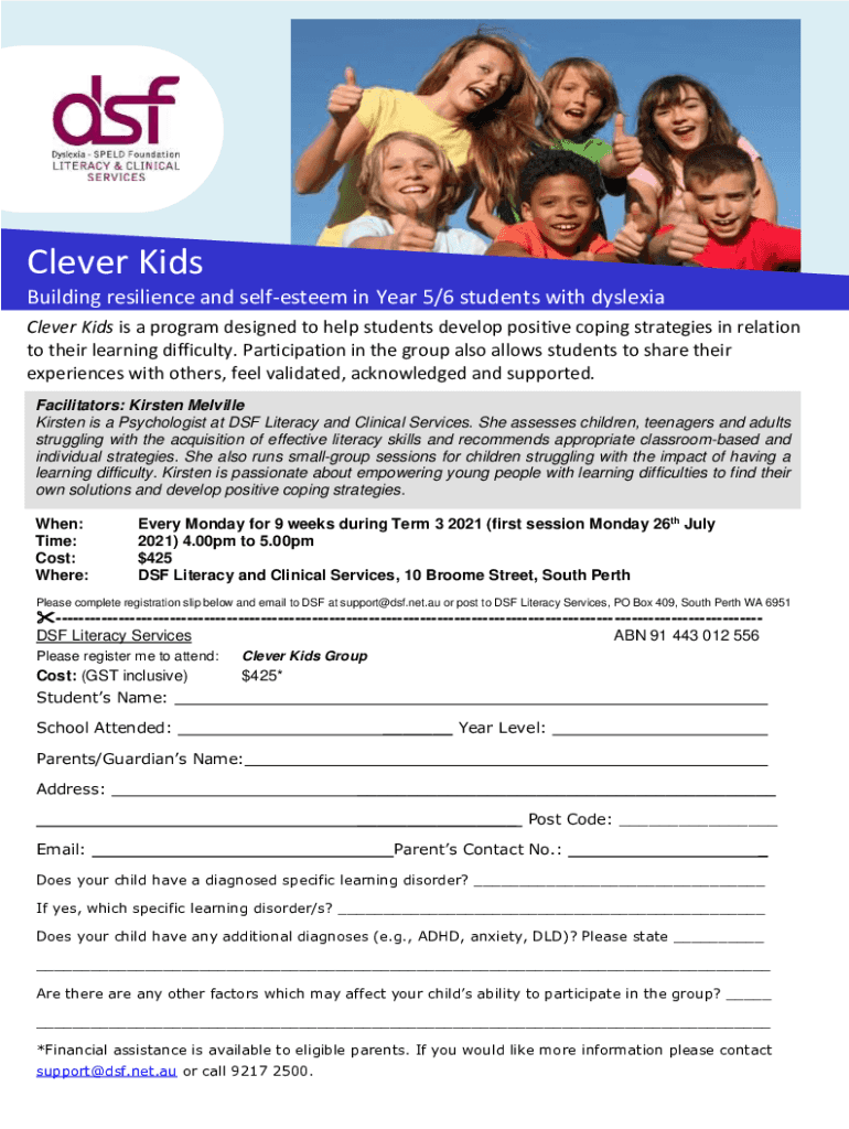 Fillable Online dsf net Wellbeing among children with dyslexia Piloting 'Clever Kids' Fax Email ...