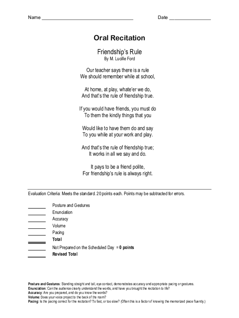 Fillable Online Oral Recitation Friendship's Rule Fax Email Print ...
