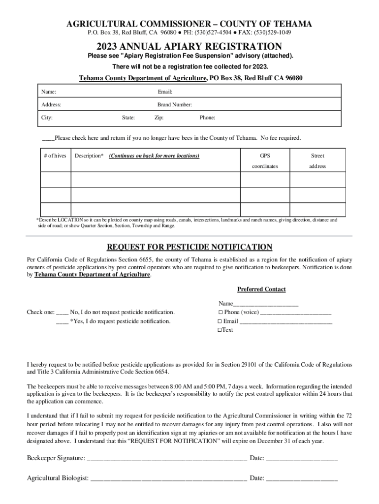Fillable Online Apiary Registration - TN Department of Agriculture Fax ...