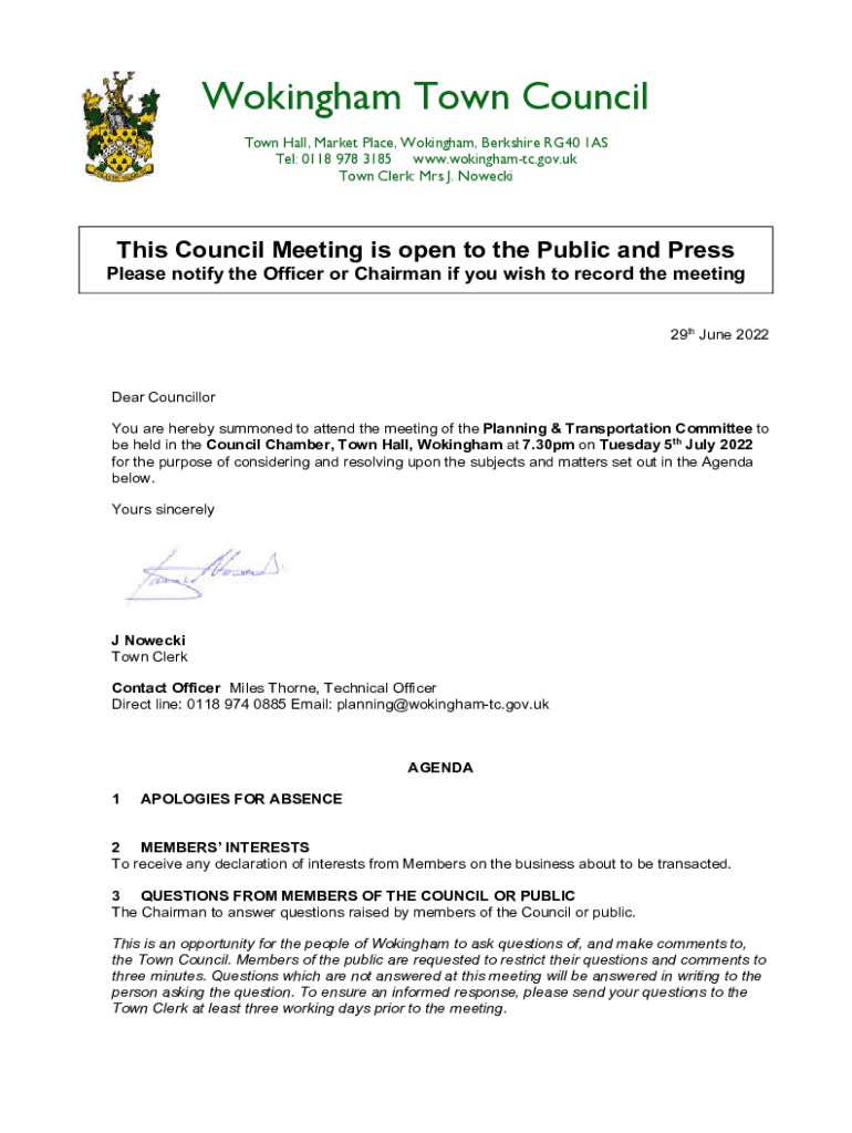 Fillable Online Town Hall, Market Place, Wokingham, Berkshire RG40 1AS ...