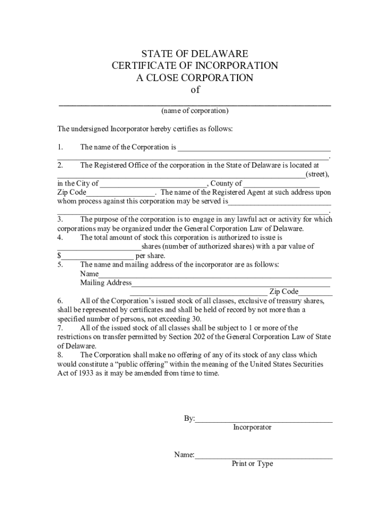 Fillable Online Certificate of Incorporation for Close Corporation ...