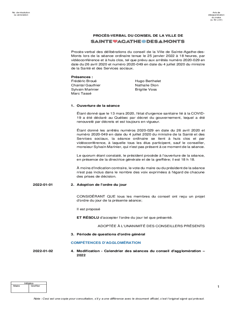 Remplissable En Ligne ville sainte-agathe-des-monts qc Procs-verbal des dlibrations du conseil ...