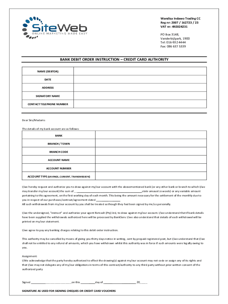 Fillable Online Debtor Information & Debit Order Mandate Form Fax Email ...