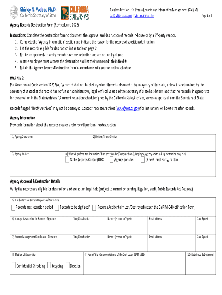Fillable Online Agency Records Destruction Form Fax Email Print - pdfFiller