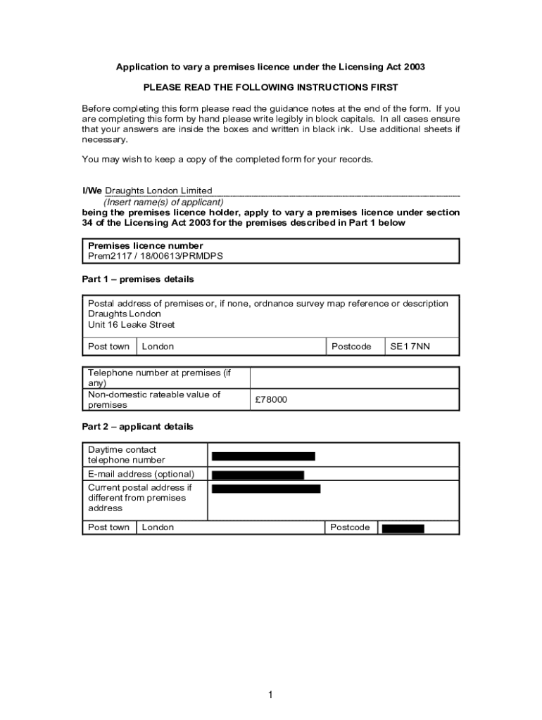 Fillable Online being the premises licence holder, apply to vary a ...