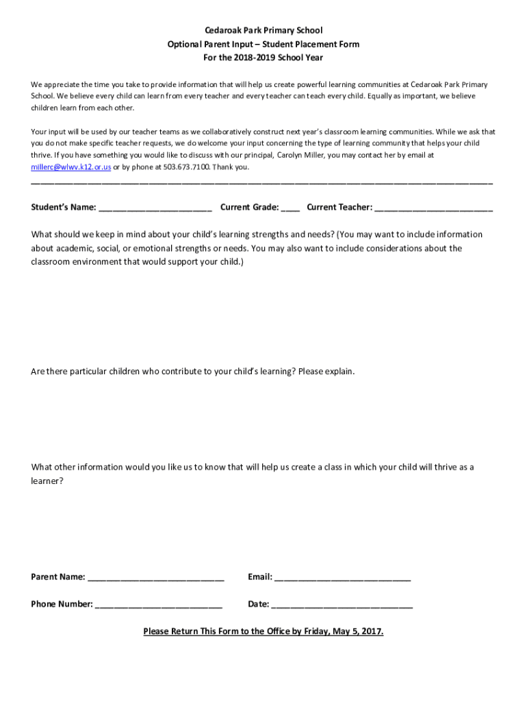Fillable Online Cedaroak Park Primary School Optional Parent Input Fax Email Print - pdfFiller