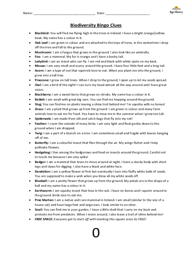 Fillable Online Biodiversity Bingo Clues Fax Email Print - pdfFiller