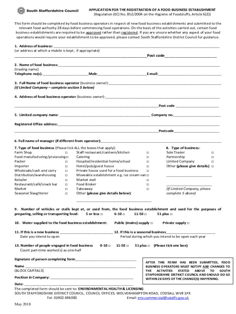 Fillable Online application form for registration of a food business ...