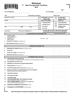 Fillable Online dor ms Pass Through Entity Tax Return - Mississippi ...