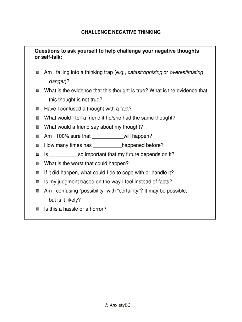 Fillable Online CHALLENGE NEGATIVE THINKING Fax Email Print - pdfFiller