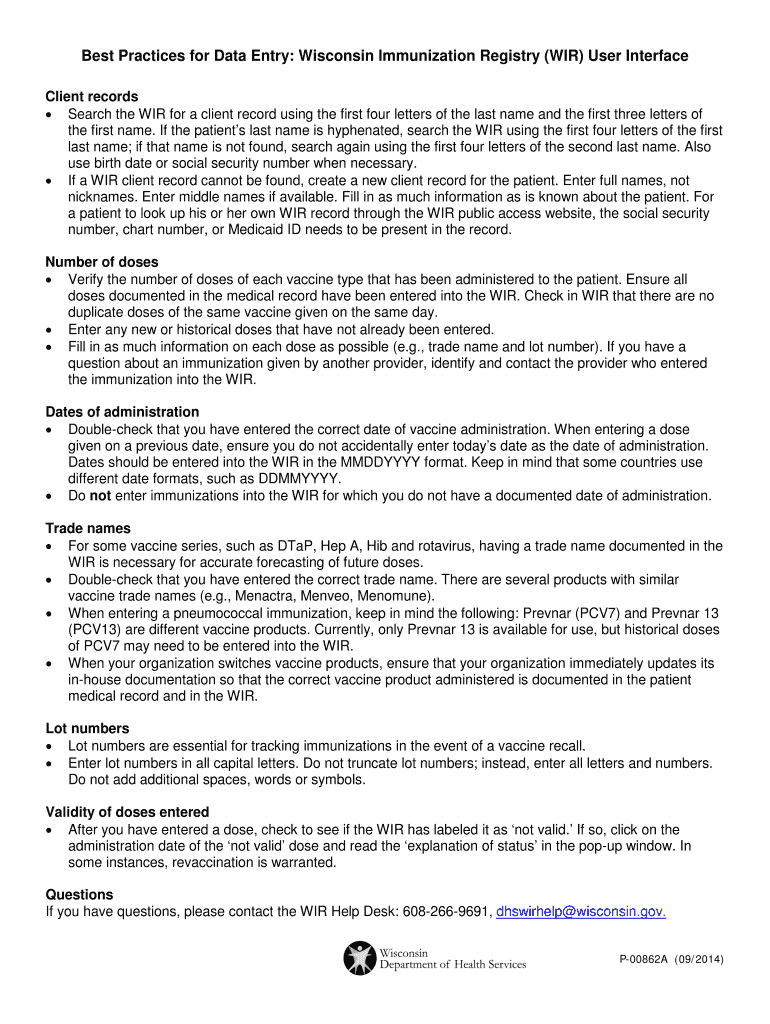 Fillable Online dhs wisconsin Wisconsin Immunization Registry WIR User ...