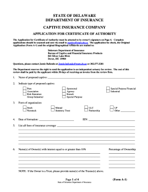 Fillable Online captive delawareinsurance Captive Application for Certificate of Authority ...