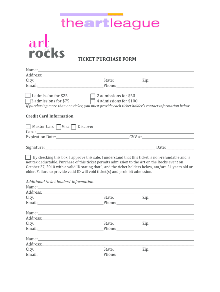 Fillable Online theartleague TICKET PURCHASE FORM - The Art League Fax ...